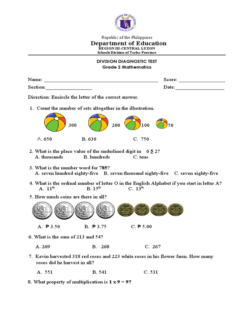 Department of Education: Division Diagnostic Test Grade 2 Mathematics ...