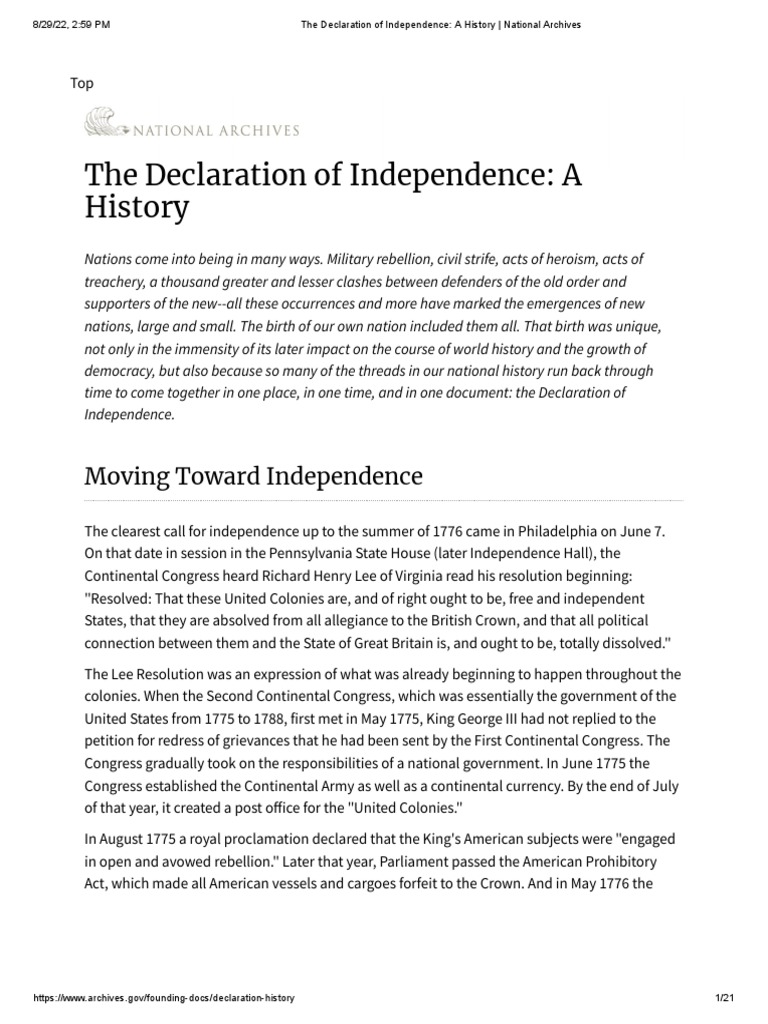 The Declaration of Independence - A History - National Archives | PDF ...