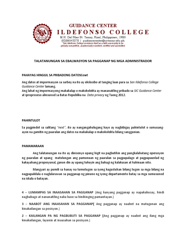 Talatanungan sa Ebalwasyon ng mga Administrador | PDF