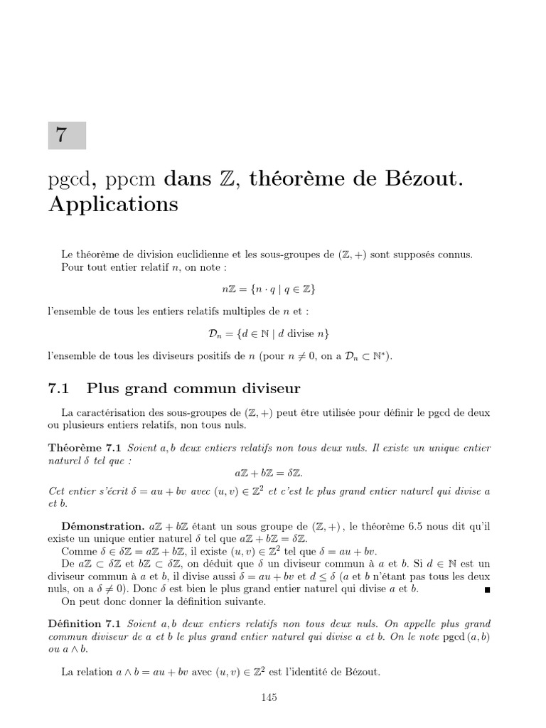 PGCD et théorème de Bézout en Z | PDF | Théorie des nombres | Mathématiques