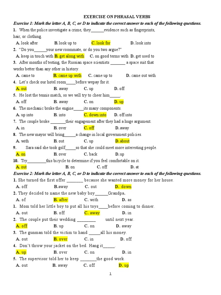 Exercise On Phrasal Verbs | PDF