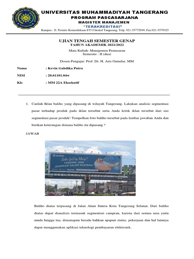 Uts Manajemen Pemasaran - Kevin Gabdika Putra | PDF | Karier & Perkembangan | Bisnis