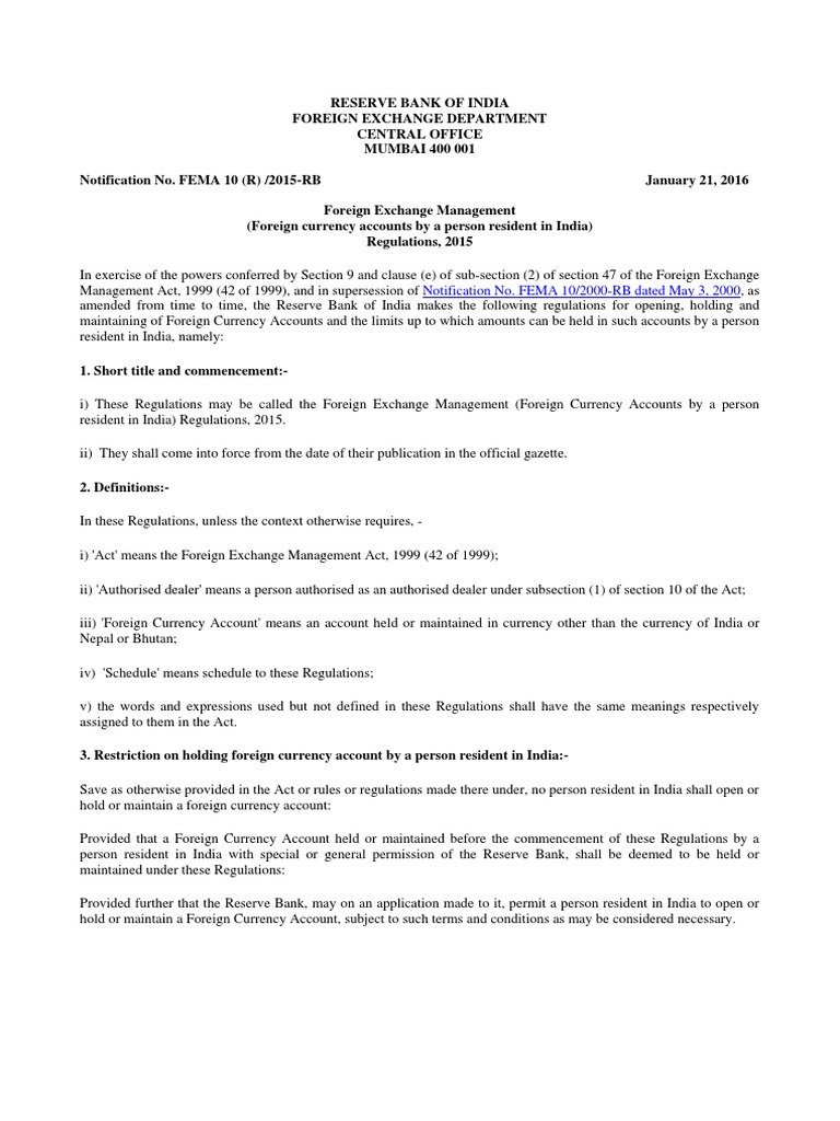 FEMA Regulations on Foreign Currency Accounts | PDF | Banks | Reserve ...