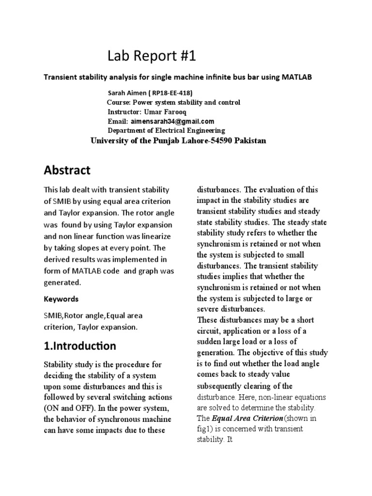 Lab Report #1: Transient Stability Analysis For Single Machine Infinite Bus Bar Using MATLAB ...