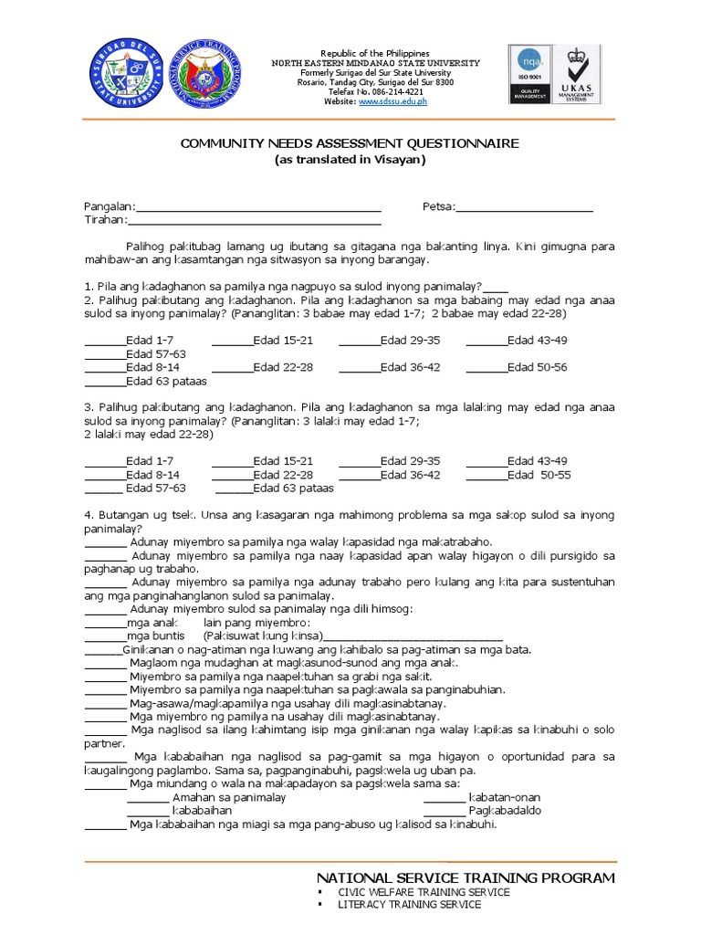 Community Needs Assessment Questionnaire | PDF