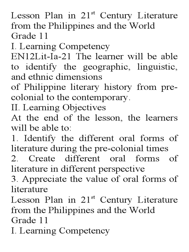 Grade 11 Lesson Plan: Oral Literature | PDF | Learning | Lesson Plan
