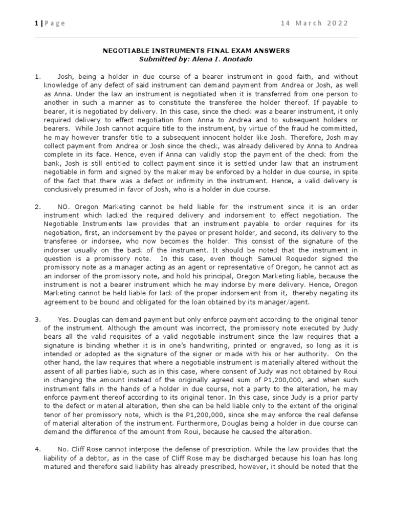 NIL Final Exam Answers - by Alena I. Anotado | PDF | Negotiable Instrument | Cheque