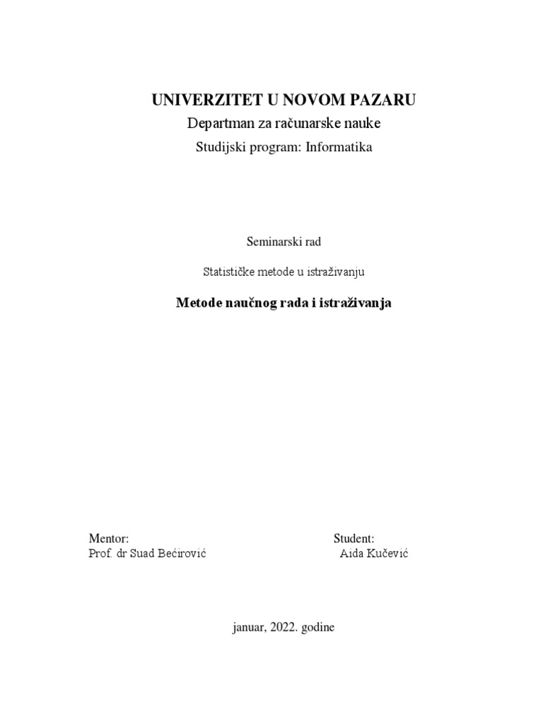 Aida K. - Statističke Metode U Istraživanju | PDF