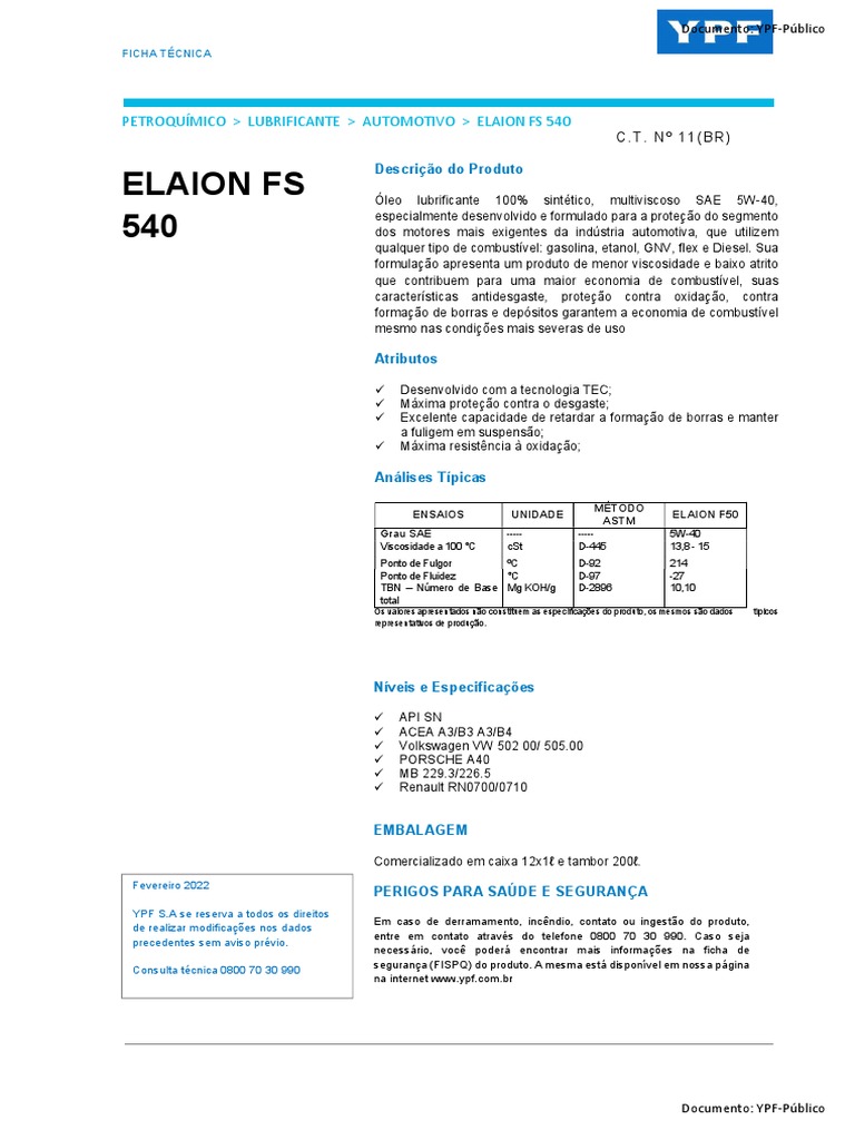 Elaion FS 540 | PDF | Óleo de motor | Química