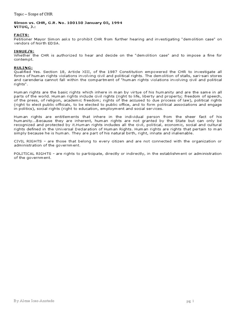 Simon vs. CHR, G.R. No. 100150 - Case Digest (Scope of CHR) | PDF