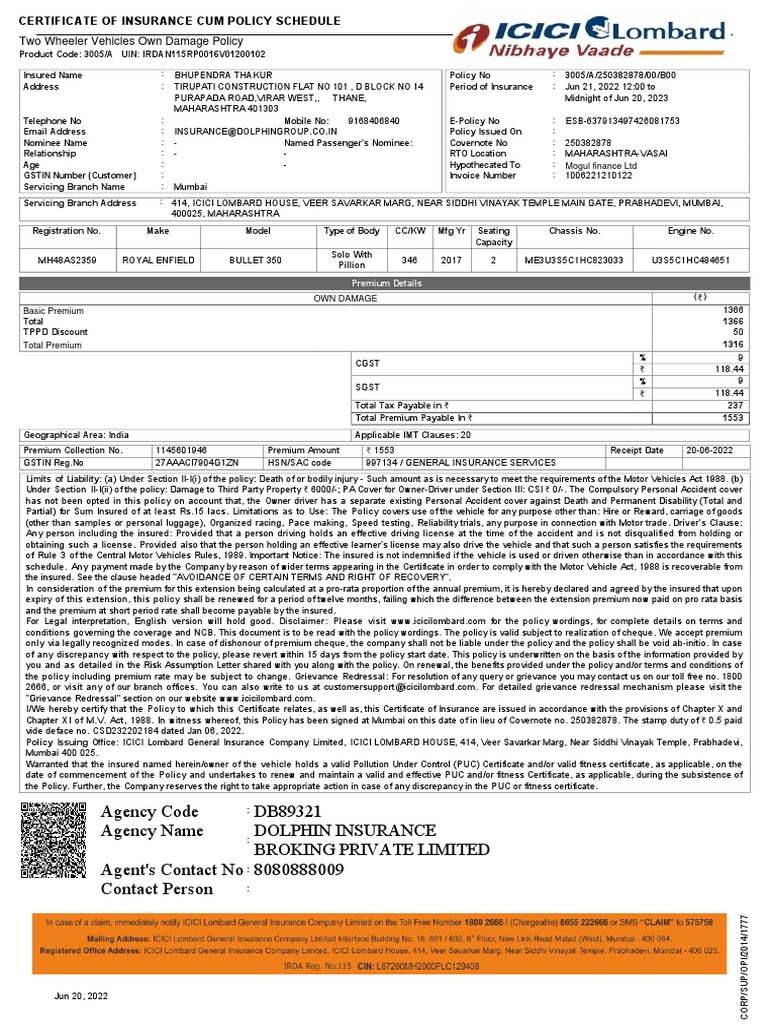 Dolphin Insurance Policy Certificate | PDF | Business Law