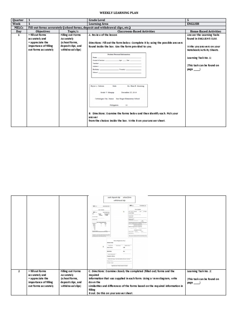 WLP - English 5 - Q1 - W1 | PDF | Banks | Deposit Account