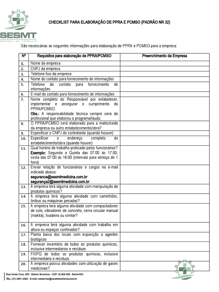 Checklist PPRA/PCMSO para Empresas | PDF | Biologia | Remédio