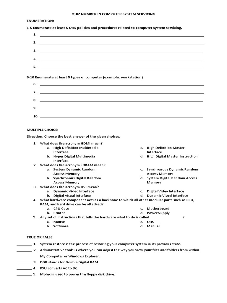 Quiz Number in Computer System Servicing | PDF