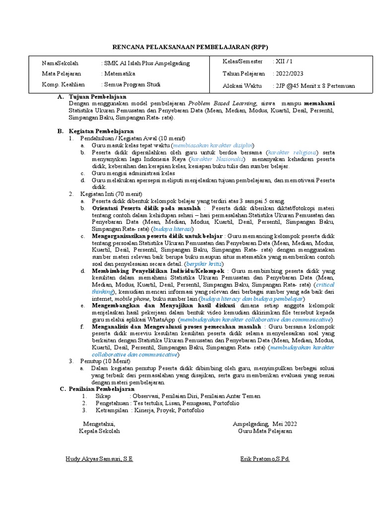 Ta 2022 2023 RPP Xii Statistika | PDF