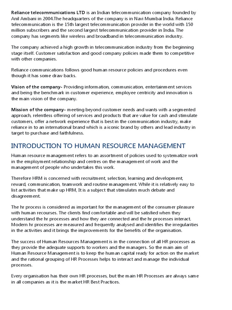 Reliance Telecommunications HR Overview | PDF | Human Resource ...
