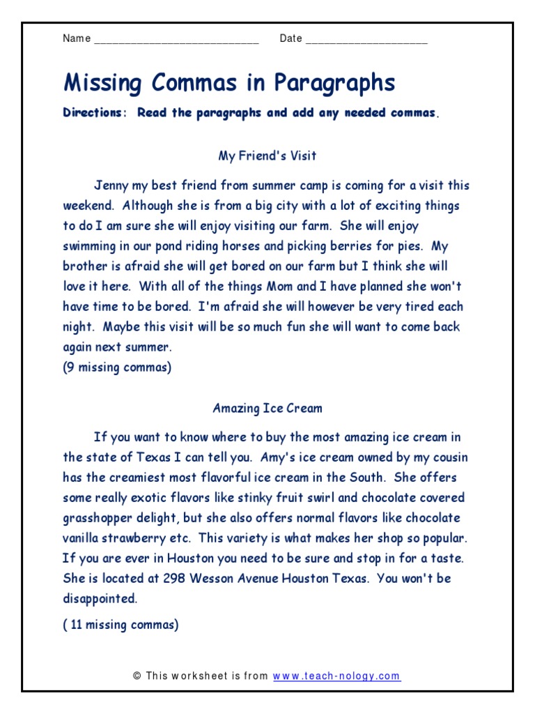 Missing Commas In Paragraphs Directions Read The Paragraphs And Add Any Needed Commas Pdf