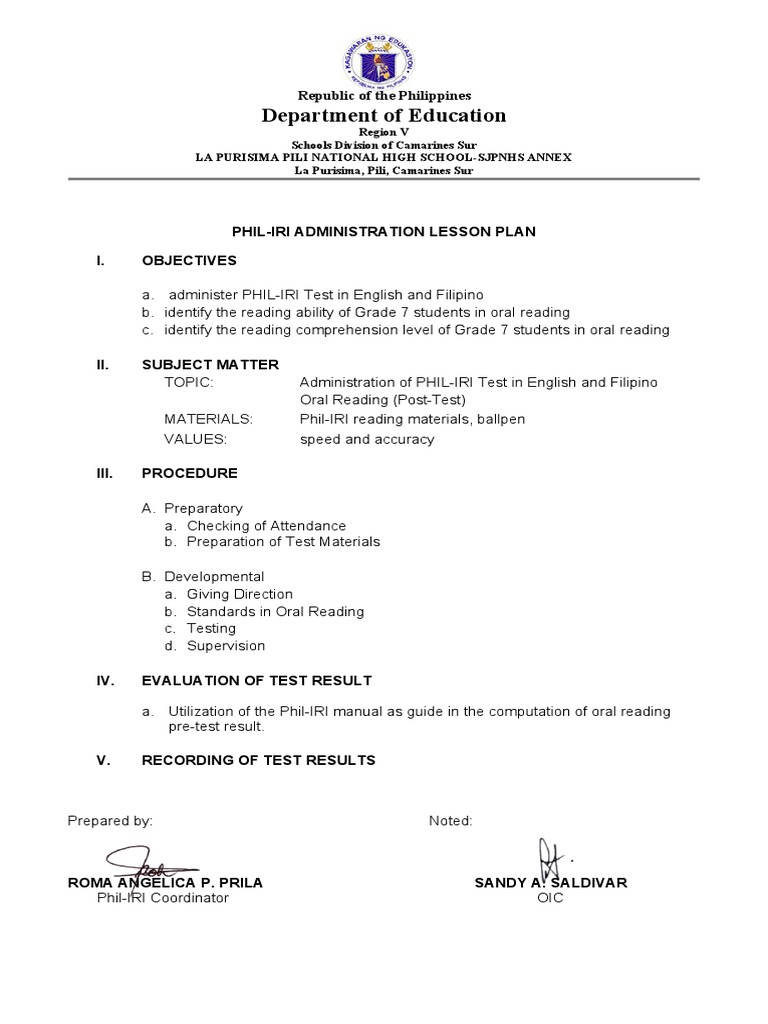 Phil Iri Lesson Plan | PDF | Lesson Plan | Education Theory