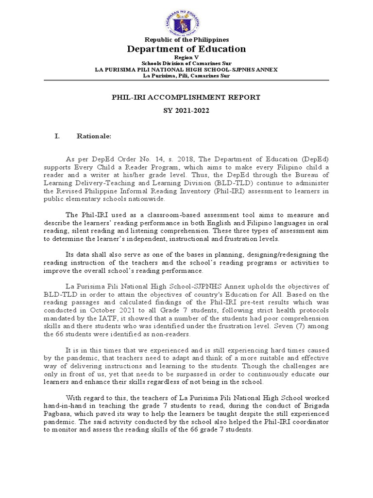 Department of Education: Phil-Iri Accomplishment Report SY 2021-2022 | PDF | Reading ...