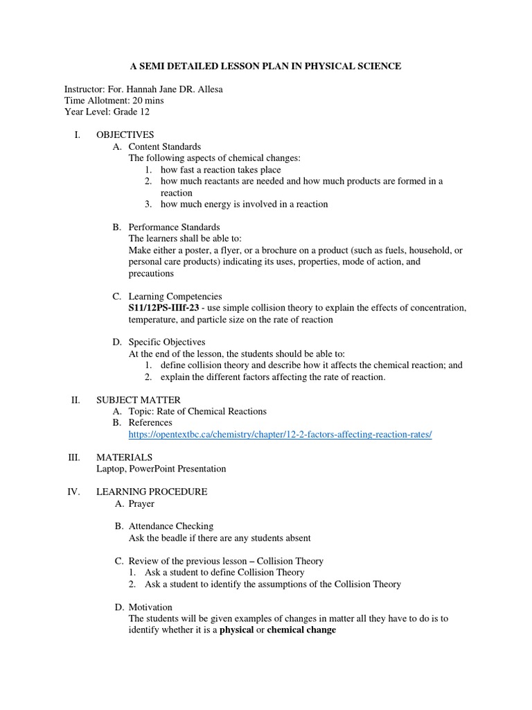 Grade 12 Lesson Plan: Chemical Reactions | PDF | Reaction Rate ...