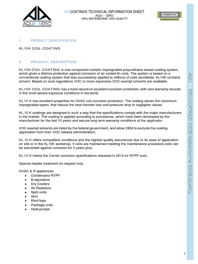 AA Coatings Technical Sheet Explains HVAC Coil Coating System | PDF ...