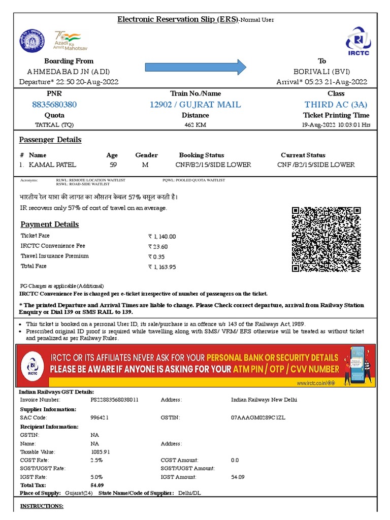 Gujrat Mail Third Ac (3A) | PDF | Identity Document