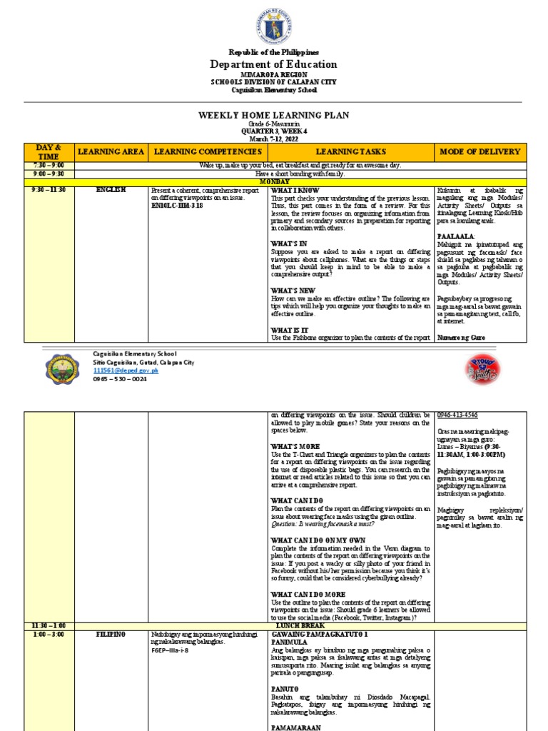 Grade 6 Weekly Learning Plan: Q3 W4 | PDF | Equations