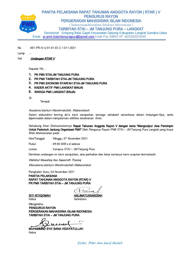 Undangan RTAR V PMII STAI-JM Tanjung Pura | PDF
