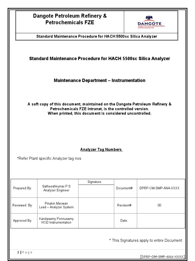 Smp for Silica Hach 5500sc | PDF | Oil Refinery | Calibration