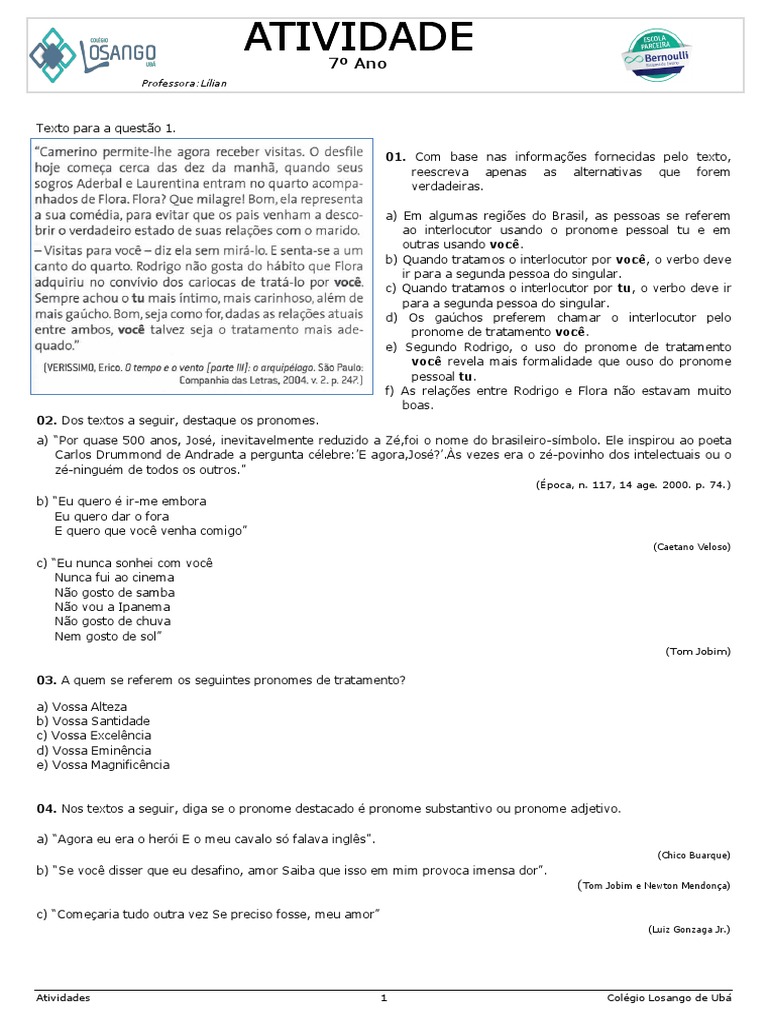 Atividade-professora-lilian-7ano | PDF | Pronome | Amor