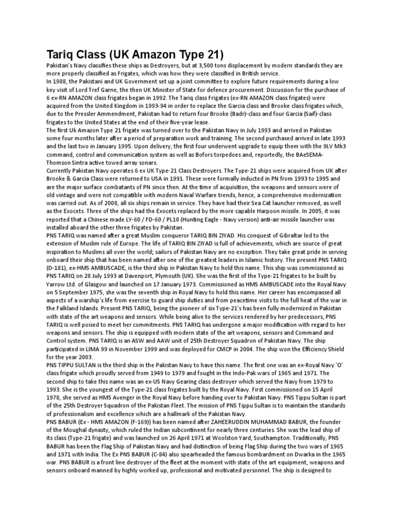 Tariq Class Amazon Class | PDF | Frigate | Warfare