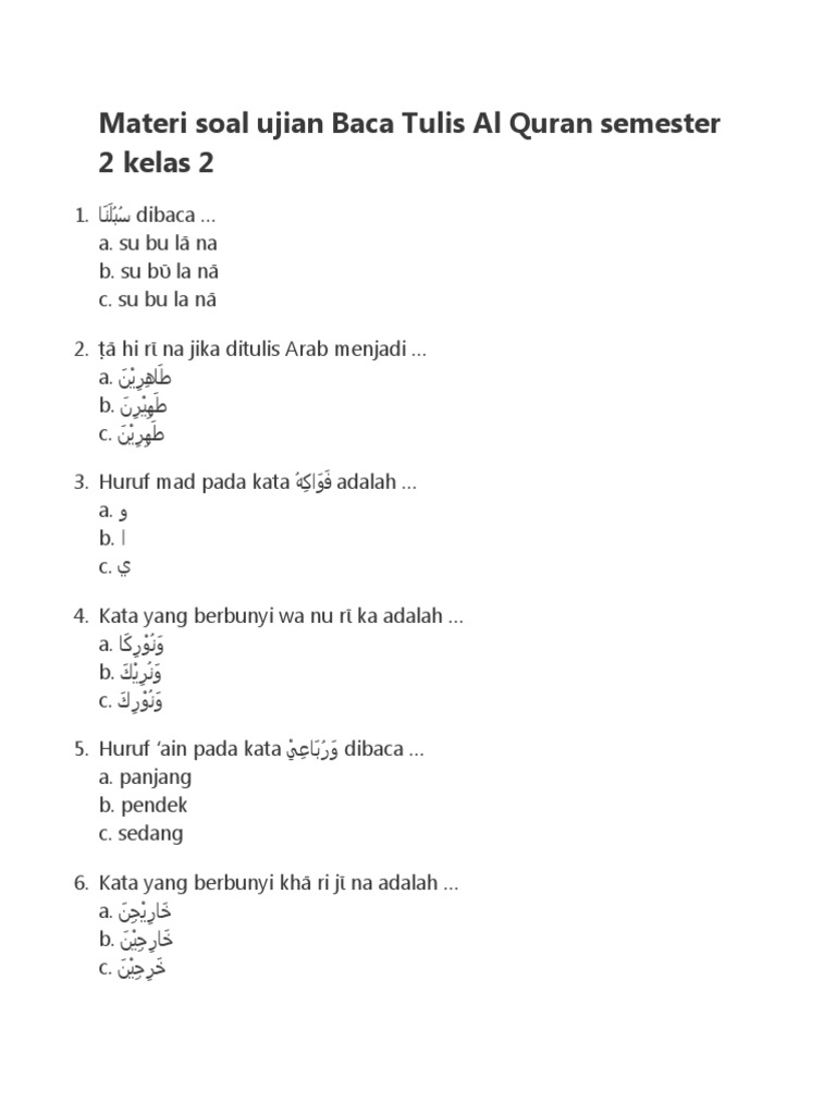 Soal Ujian Baca Tulis Quran Kelas 2 | PDF | Seni & Disiplin Bahasa