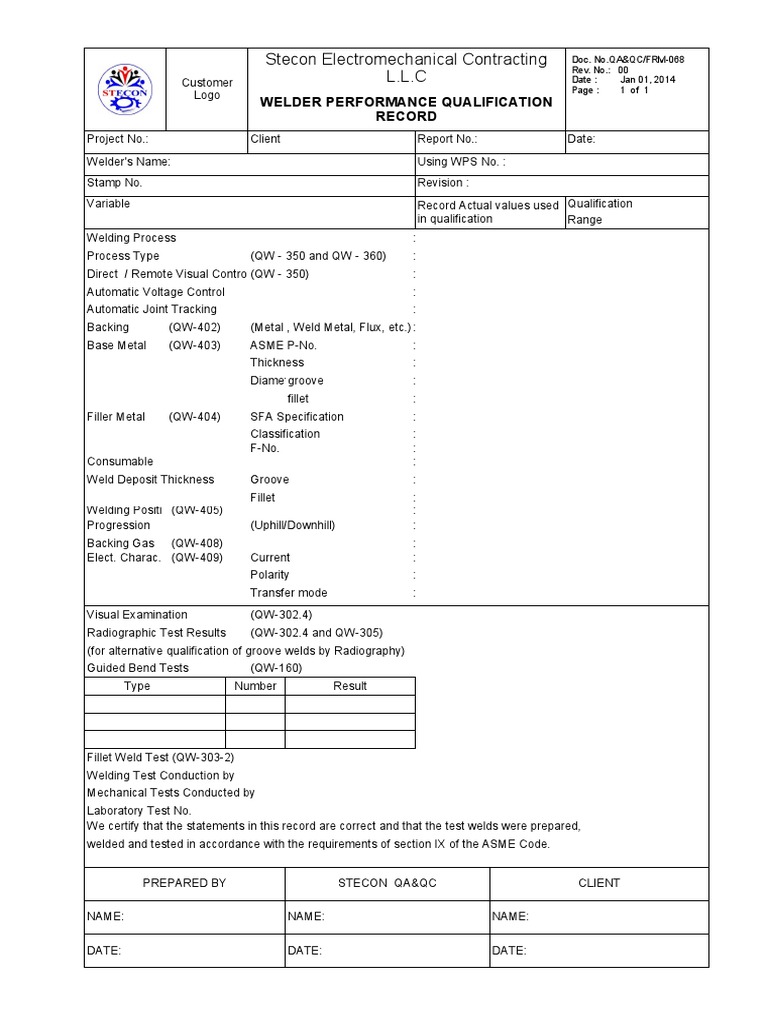 QA&QC-FRM-068 Welder Performance Qualification Record | PDF | Welding ...