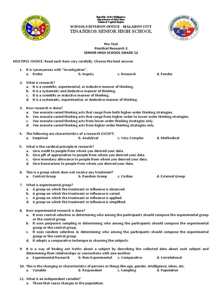 Pre-Test Practical Research 2 Senior High School Grade 12 | PDF ...