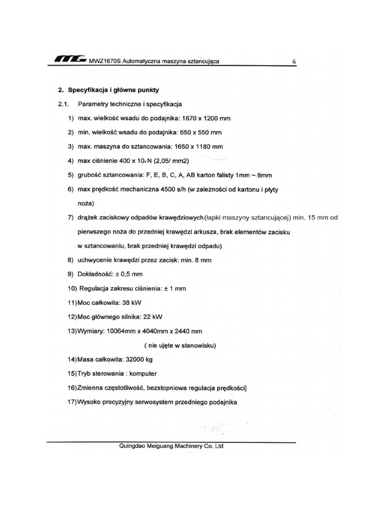 Specyfikacja MWZ 1670S | PDF