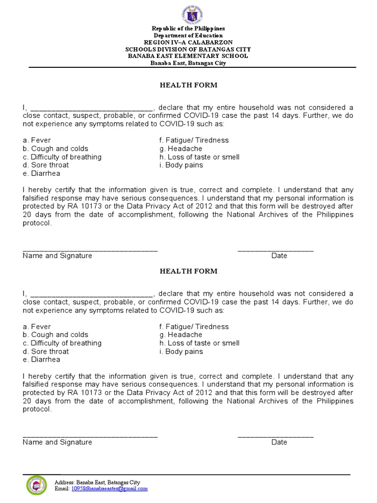 Health Form | PDF | Common Cold | Symptoms And Signs