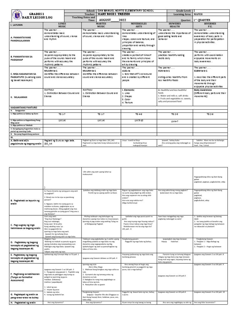 Grade 1 DLL MAPEH Q1 Week 1 | PDF | Rhythm | Learning