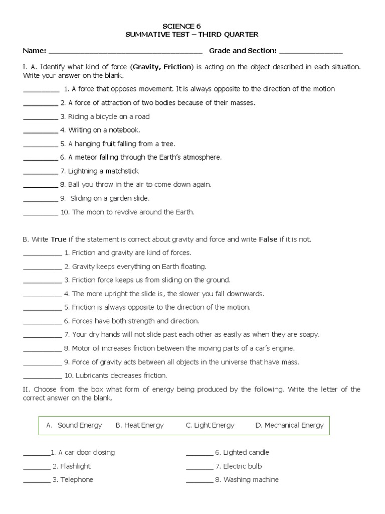Summative Test Science 6Q3 | PDF | Friction | Force