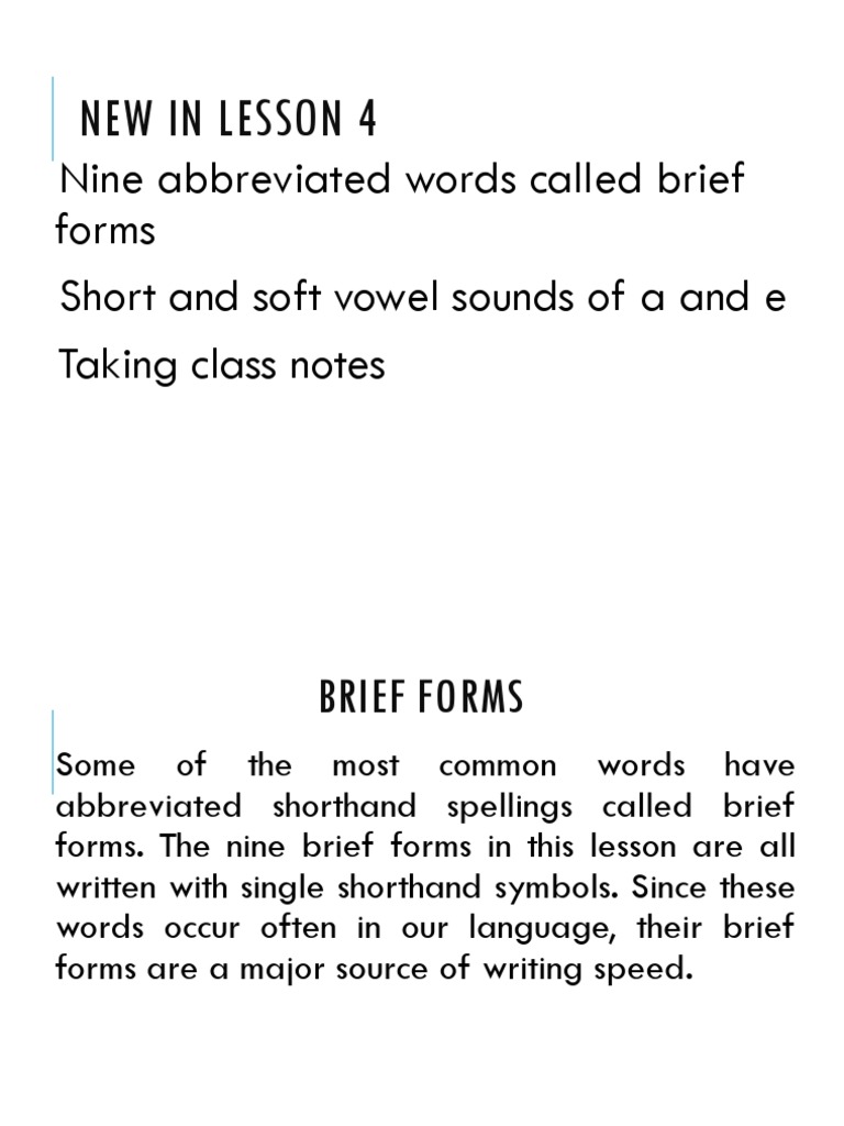 New in Lesson 4: Nine Abbreviated Words Called Brief Forms Short and ...