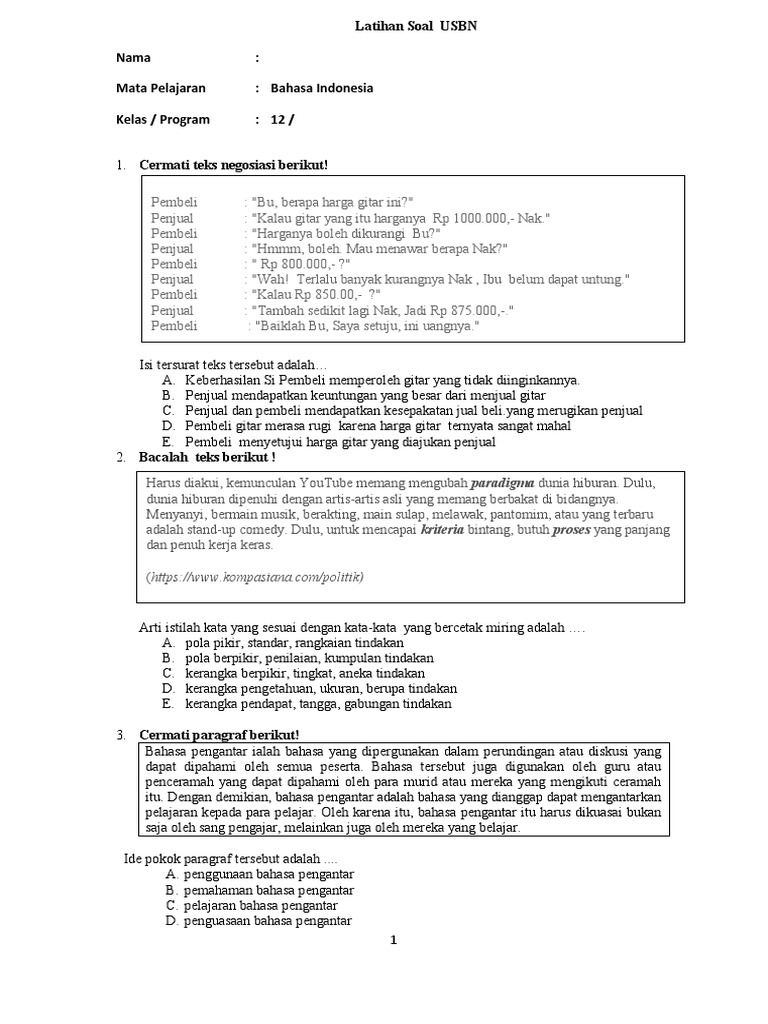 Latihan Soal Usbn 2-1 | PDF