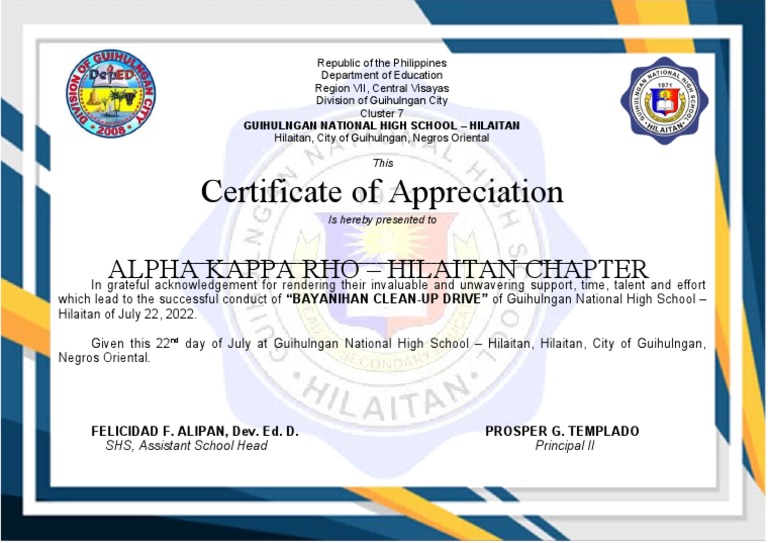 Certificate of Appreciation: Alpha Kappa Rho - Hilaitan Chapter | PDF