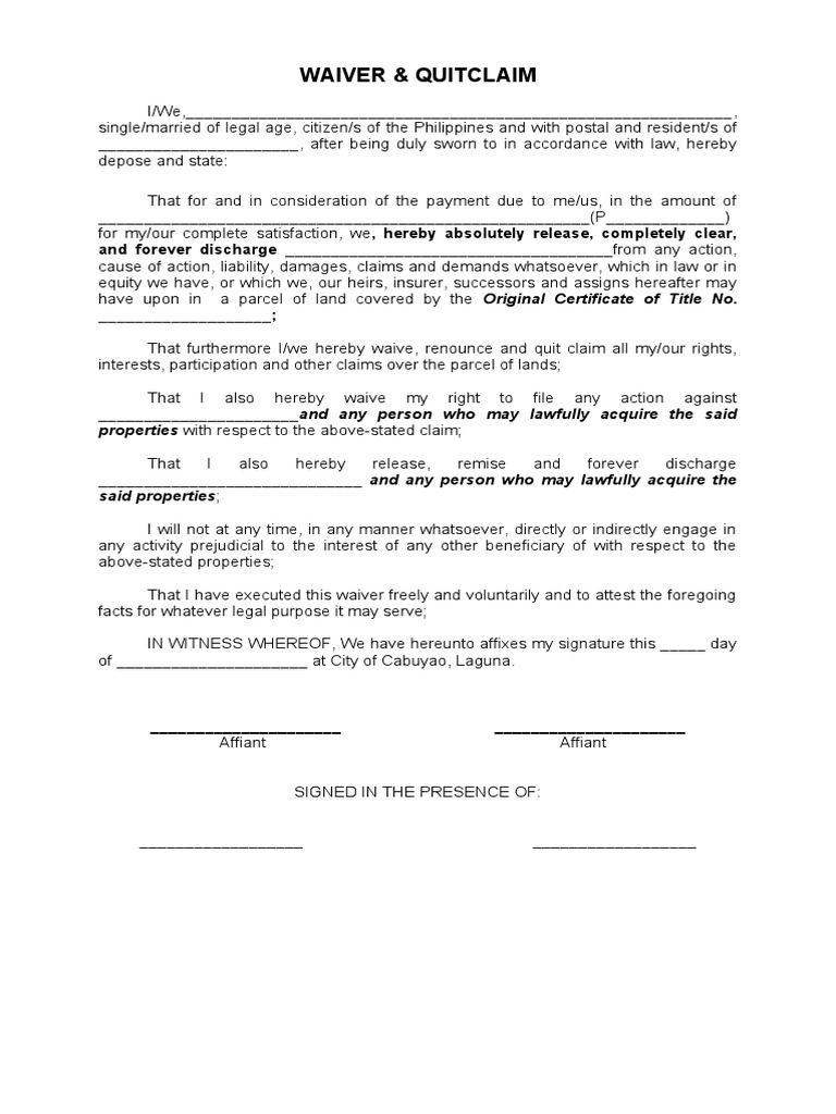 Blank Waiver & Quit Claim Parcel of Land | PDF | Civil Law (Legal ...