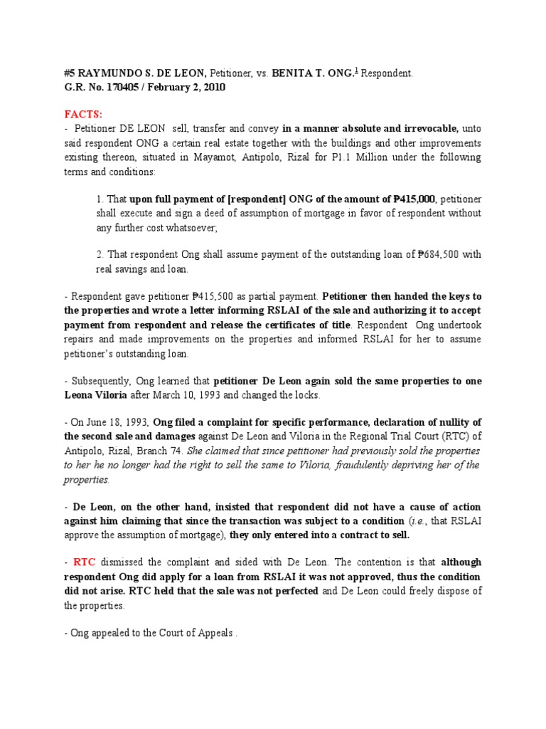 De Leon vs. Ong Case Digest (Sales) | PDF | Deed | Mortgage Law