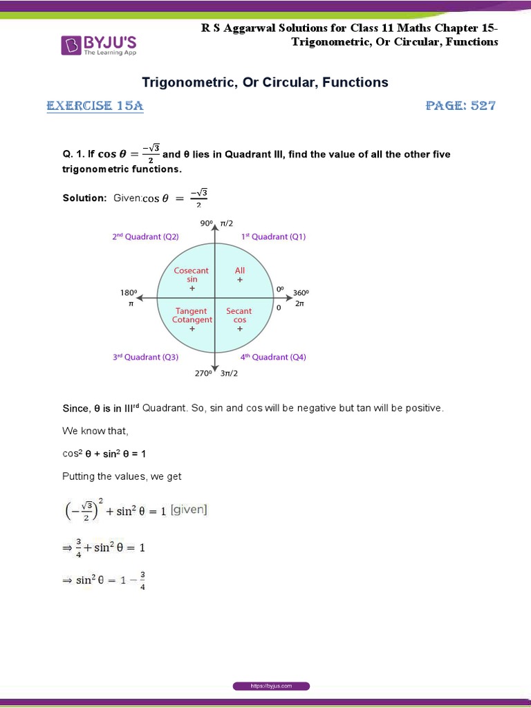 R S Aggarwal Solutions Class 11 Maths Chapter 15 Trigonometric or Circular Functions | PDF ...