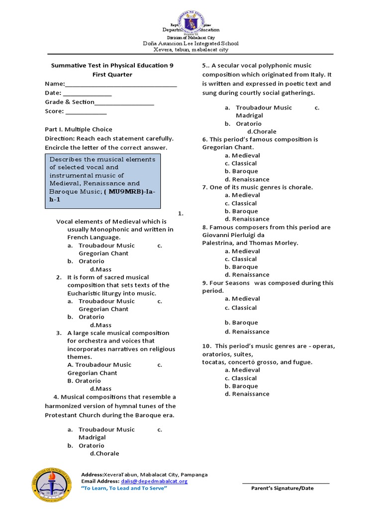 Summative Test in Physical Education 9 First Quarter: Doña Asuncion Lee ...
