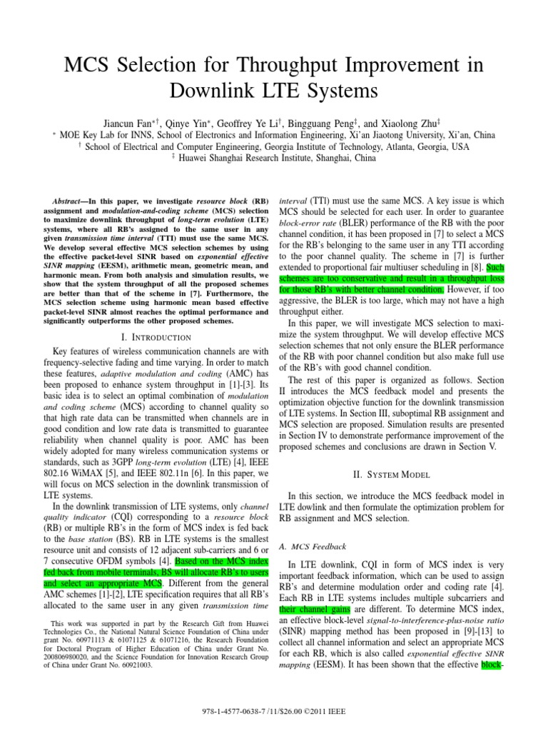 MCS Selection For Throughput Improvement in Downlink LTE Systems | PDF ...