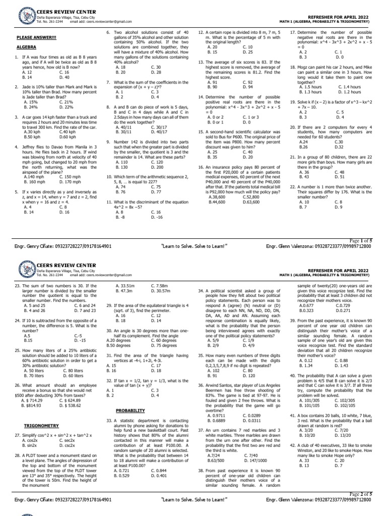 Math-1 Algebra Trigo Probability No-Answers | Download Free PDF | Probability Distribution ...