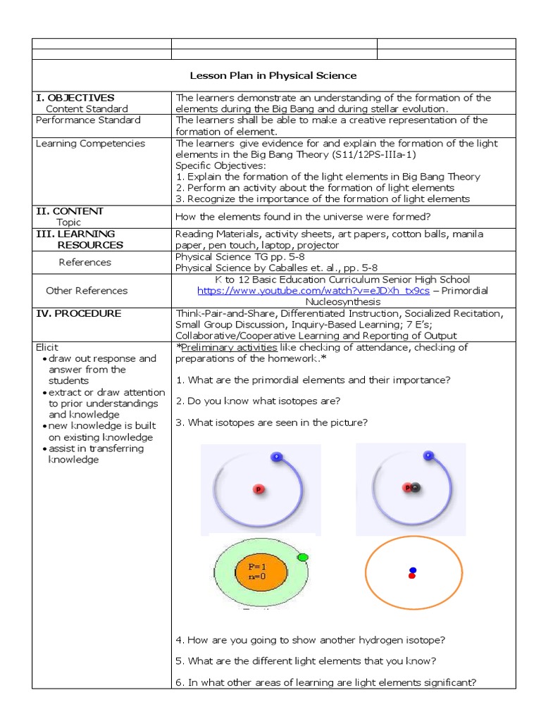 Lesson Plan in Physical Science I. Objectives | PDF | Atomic Nucleus ...