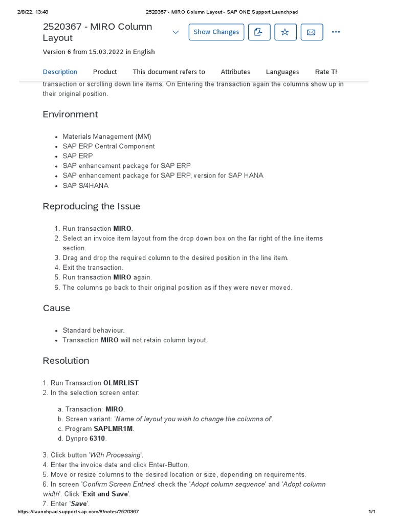 MIRO Column Layout - SAP ONE Support Launchpad | PDF