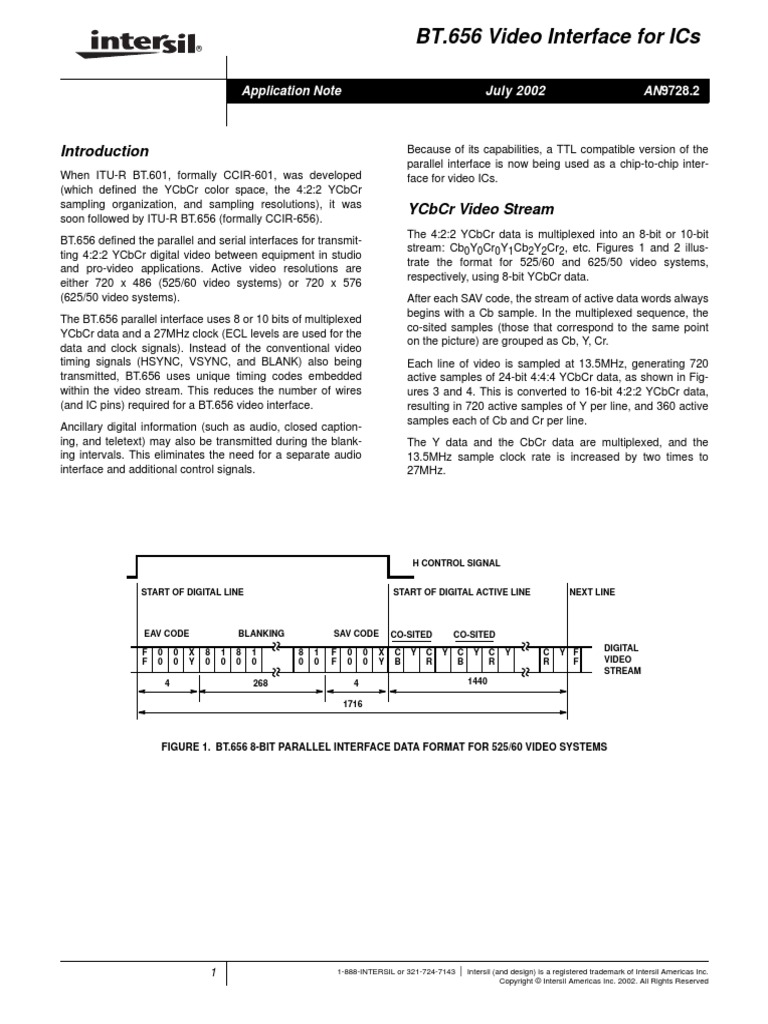 Bt.656 Video Interface For Ics: Application Note July 2002 An9728.2 ...